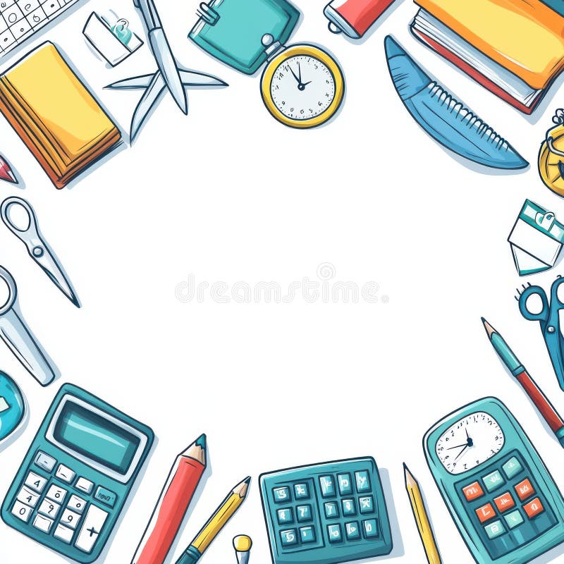 Stationery Background Vector Flat School Supplies Frame with Clock, Pencil, Scissors, and ...
