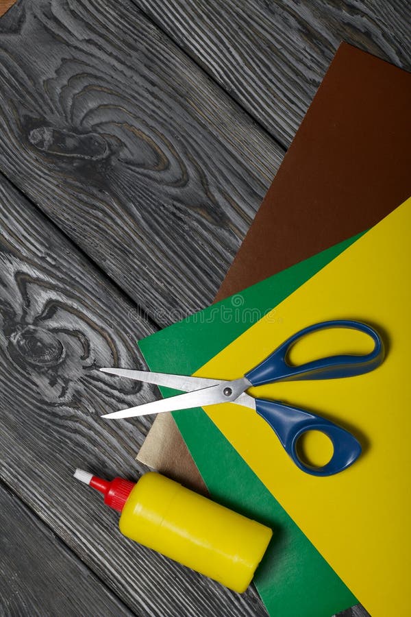 Stationery. Colored Paper, Scissors and Glue Stock Photo - Image of ...