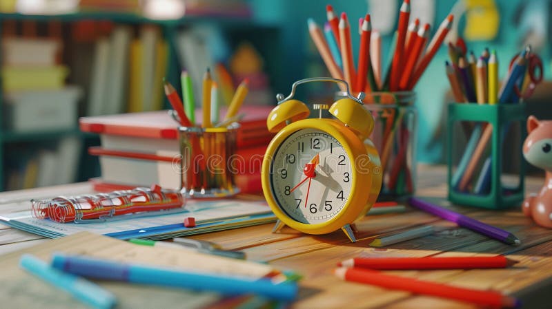 Back To School Yellow Alarm Clock Colorful Pencils Wooden Desk Kid Art ...