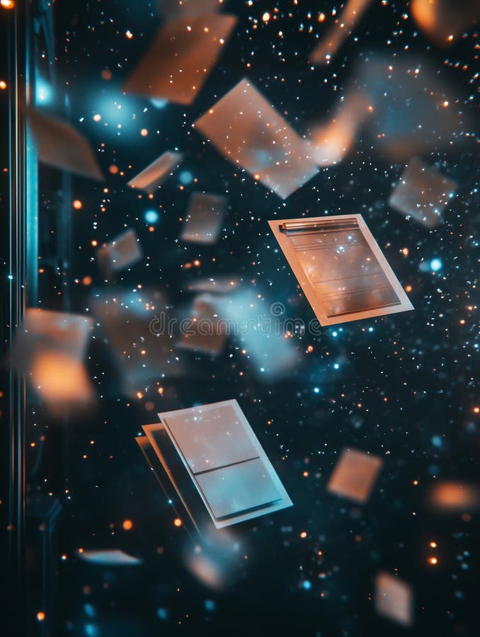 Stationery Floating in Zero Gravity with Glowing Particles and a Cosmic ...