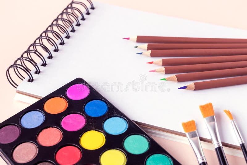 Stationery Items - a Notepad for Drawing, Colored Pencils, Brushes with ...