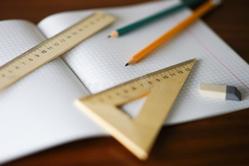Stationery, Office Supplies on the Table, Open Notebook, Rulers ...