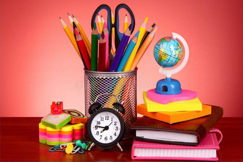 Stationery on Red Background Stock Photo - Image of sticker, pink: 18208620