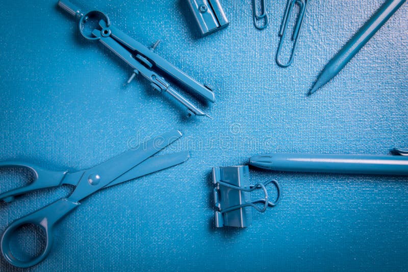 Stationery, School and Office Supplies on a Blue Background Stock Image ...