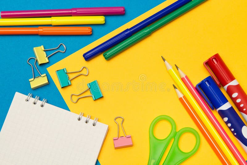 Stationery. School and Office Supplies on a Colored Background Stock ...
