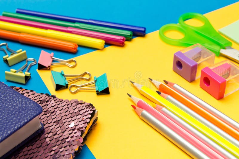 Stationery. School and Office Supplies on a Colored Background Stock ...