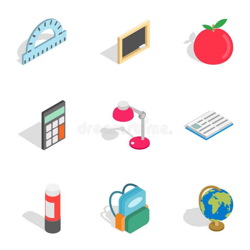 Stationery for Study Icons, Isometric 3d Style Stock Vector ...