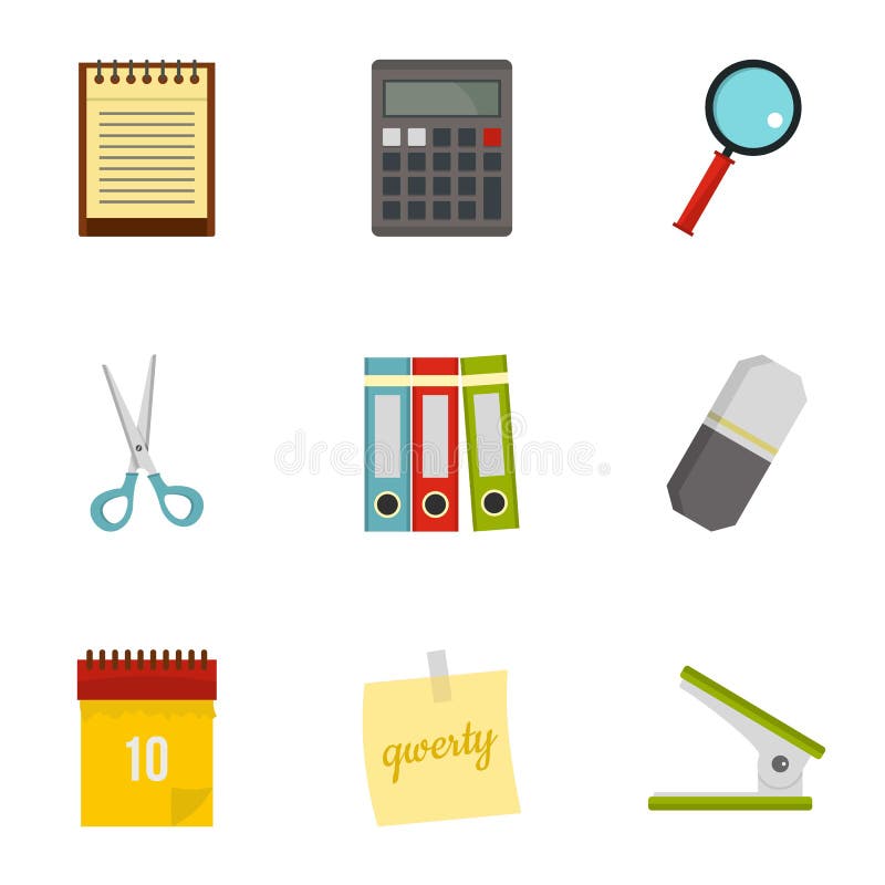 Stationery Symbols Icon Set, Flat Style Stock Vector - Illustration of ...
