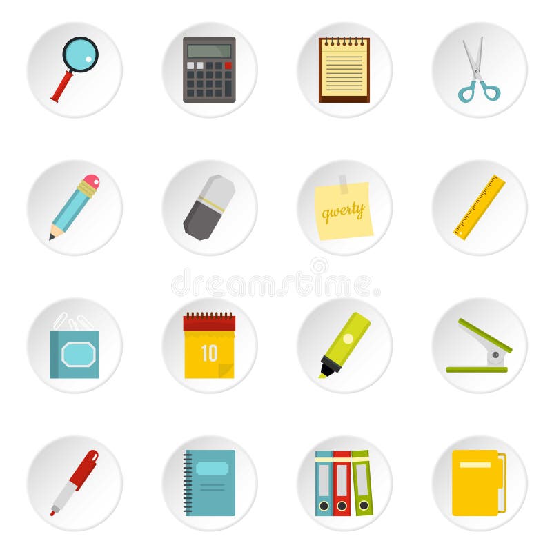 Stationery Symbols Icons Set in Flat Style Stock Vector - Illustration ...