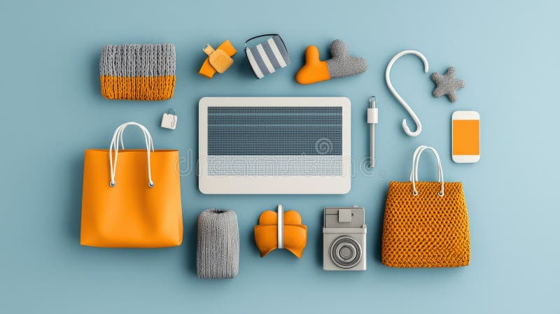 Stationery and Tech Items on Blue Background Stock Illustration ...