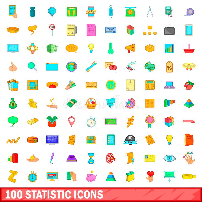 100 Statistic Icons Set, Cartoon Style Stock Vector - Illustration of ...
