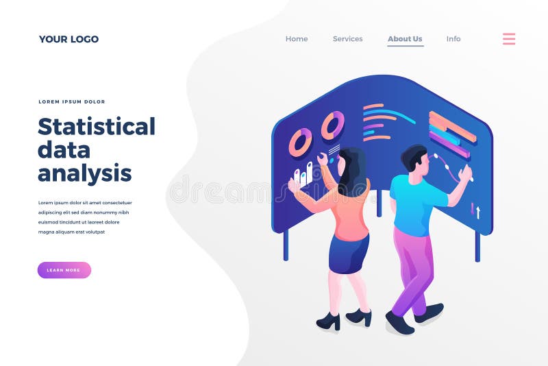 Statistical Data Analysis Isometric Landing Page Template Cartoon Characters Analysts Managing ...