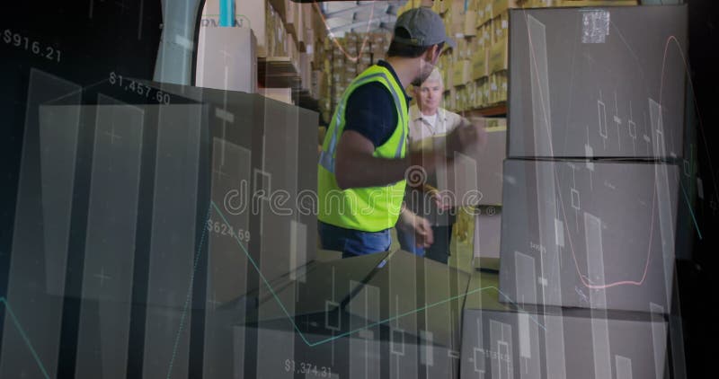 Statistical Data Processing Against Caucasian Male Worker Stacking Delivery Boxes in Delivery ...