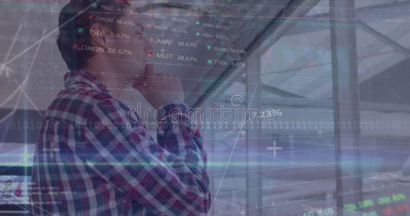 Statistical Data Processing Over Caucasian Man Smiling Looking Out of ...