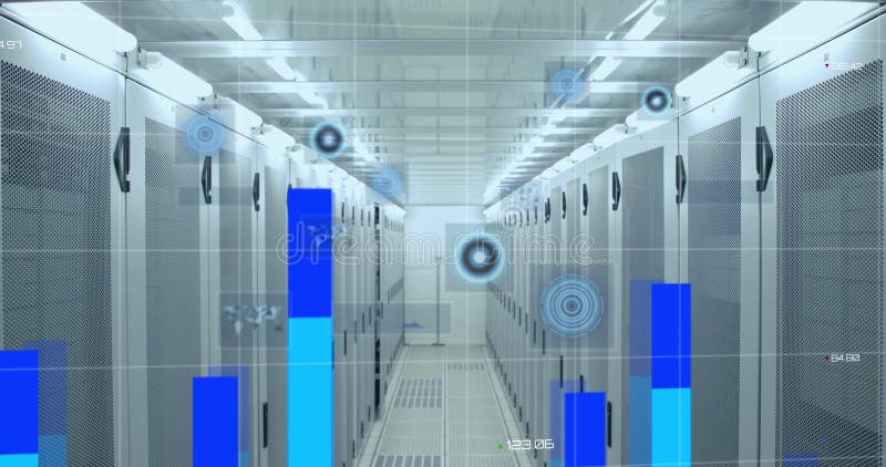 Statistical Data Processing and Round Scanners Over World Map Against Empty Computer Server Room ...