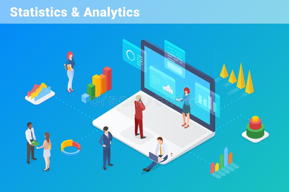 Statistics Analyse Data Information on Laptop Notebook Isometric Flat ...