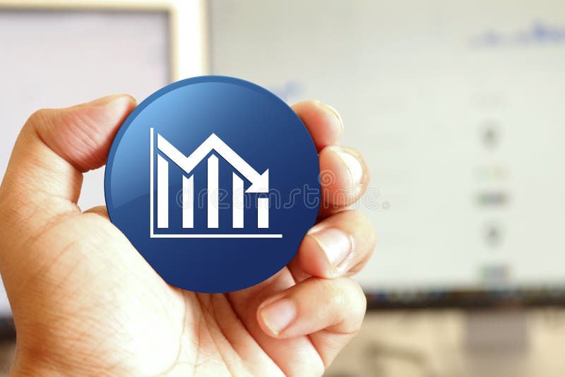Statistics Down Icon Blue Round Button Holding by Hand Infront of ...