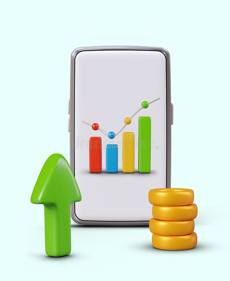 Statistics Phone Application. Realistic Smartphone with Chart on Screen, Column of Coins, Arrow ...