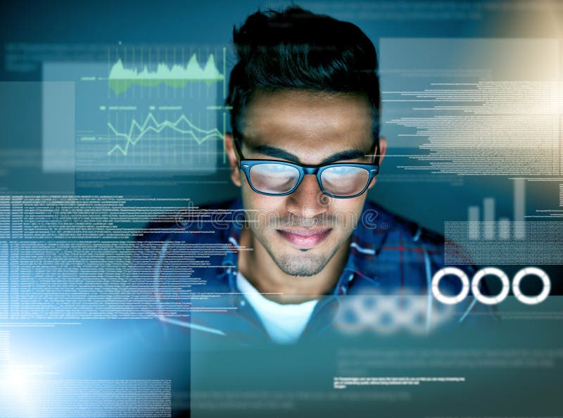 Stats, Overlay and a Man with Data for Coding, Programming or Cloud Computing at Night in an ...