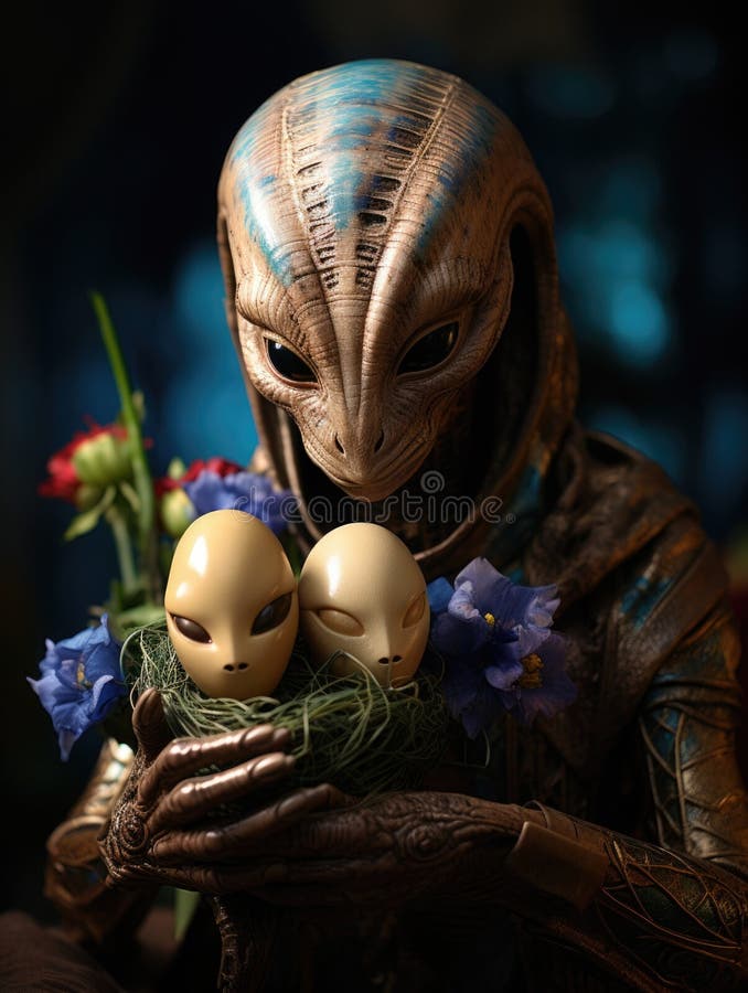 A Statue of a Alien Holding an Egg with Two Aliens in the Nest, AI ...