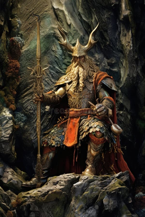 A Statue of an Ancient Pagan God Warrior in Armor Holding a Spear Staff ...