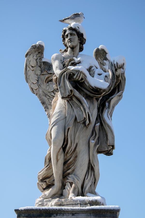 Angel Statue in Rome - Italy - in Winter with Snow Stock Image - Image ...