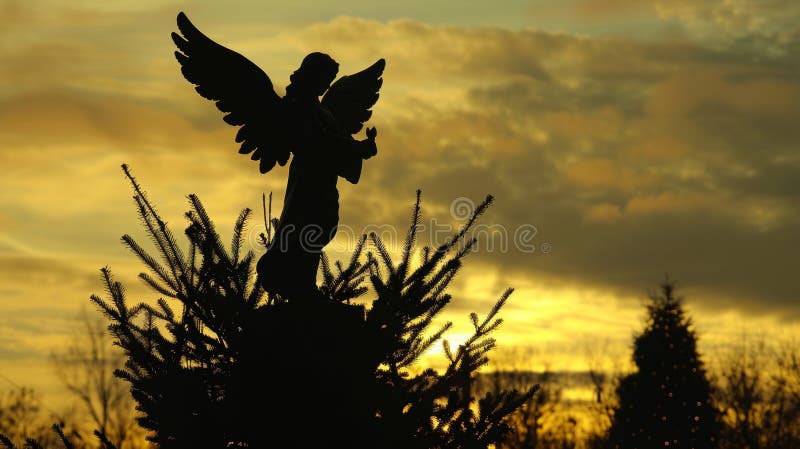 Silhouette of Angel Statue at Sunset with Dramatic Sky and Pine Trees ...