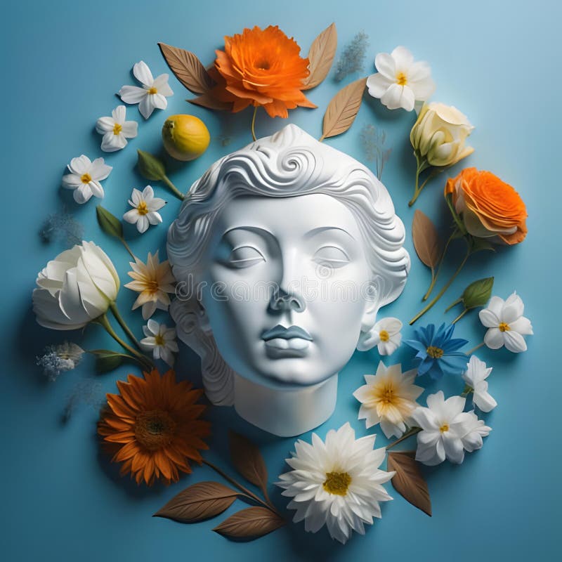 Statue of Apollo with Flowers on Blue Background, Generative Ai Stock ...