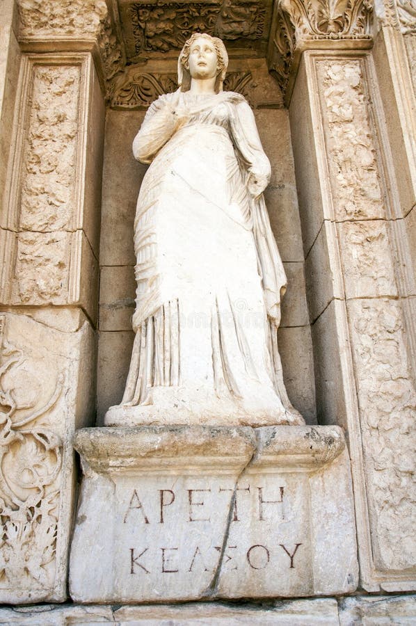 Sculpture of Arete on Restored Facade of Celsus Library in Ephesus ...