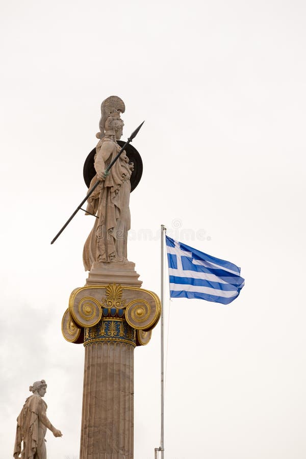 Statue of Athena and the Greek Flag Stock Image - Image of culture ...