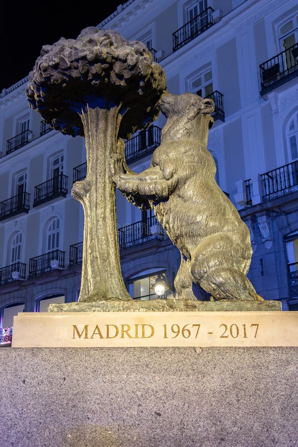 Statue of Bear and Strawberry Tree on Puerta Del Sol Square at Night ...