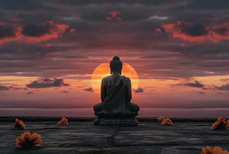A Statue of Buddha Facing at Sunset Stock Illustration - Illustration ...