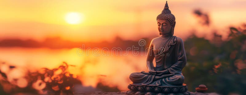 Buddha Statue Meditating in Front of Stunning Sunset Stock Illustration ...