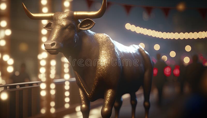 A Statue of a Bull is Standing in Front of a Building with Lights on it ...