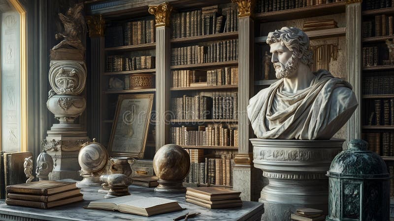 Statue of David with Books in the Library. 3d Rendering Stock ...