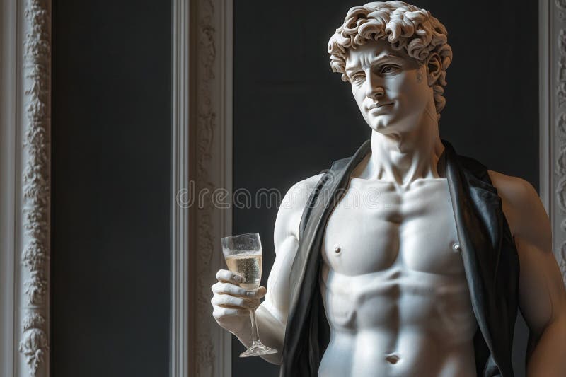 Statue of David Holding Glass of Sparkling Wine in Elegant Setting ...