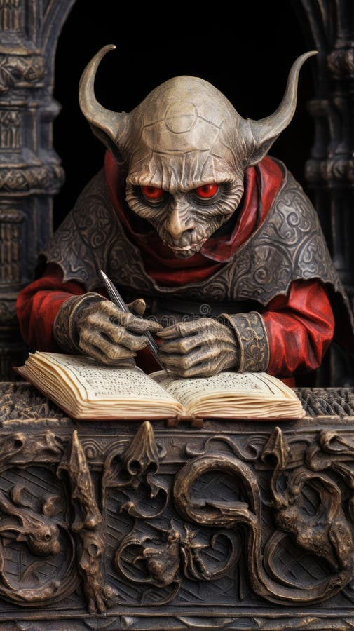 A Statue of a Demon Writing on a Book Stock Illustration - Illustration ...