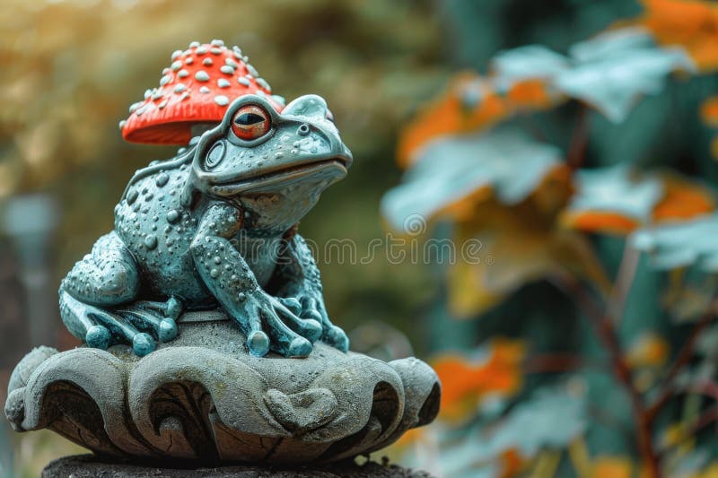 A Statue Of A Frog With A Mushroom On Its Head Stock Image Image Of