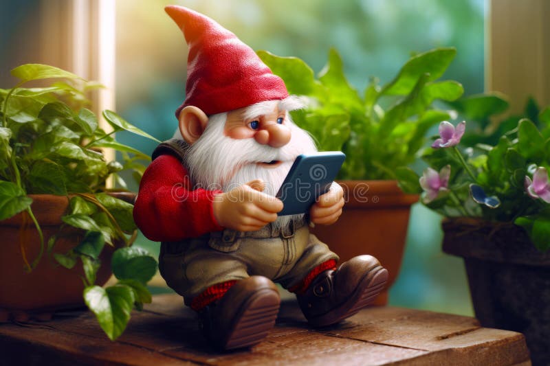 Statue of Gnome Sitting on Table with Tablet in Front of Potted Plant ...