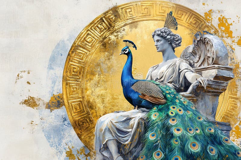 Statue of the Greek Goddess Hera Seated on a Throne with a Peacock ...