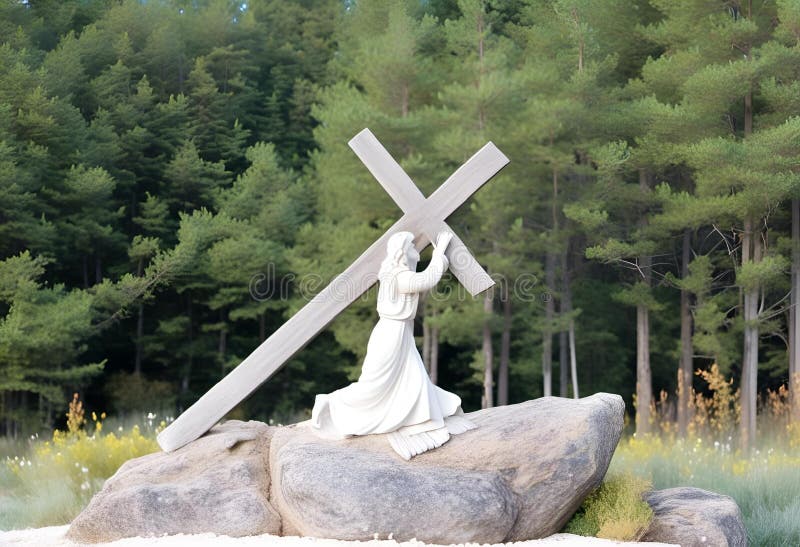 A Statue of Jesus Carrying the Cross in a Serene Forest Setting. Stock ...