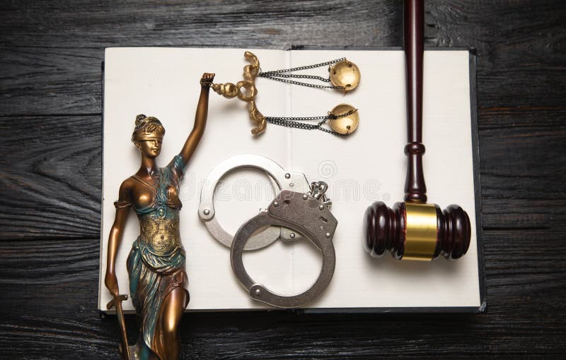 Statue of Lady Justice, Handcuffs, Book and Gavel Stock Image - Image ...