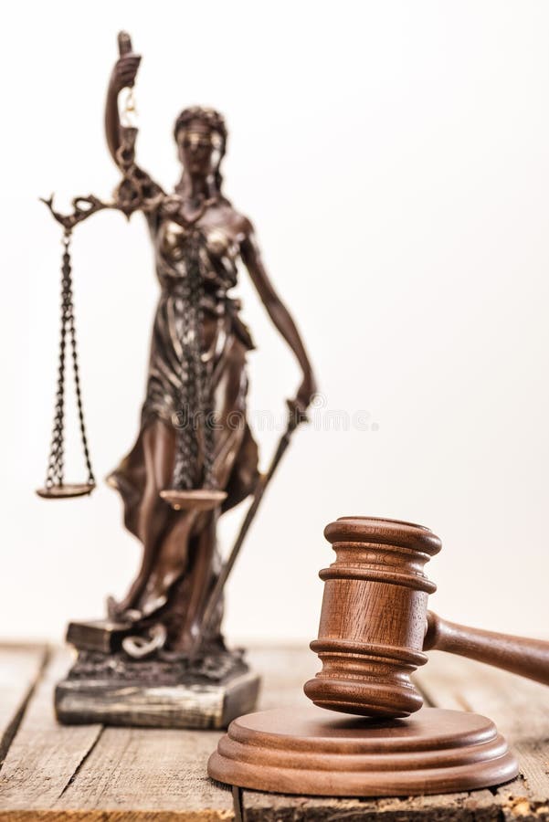 Statue of Lady Justice and Mallet on Wooden Table Stock Image - Image ...