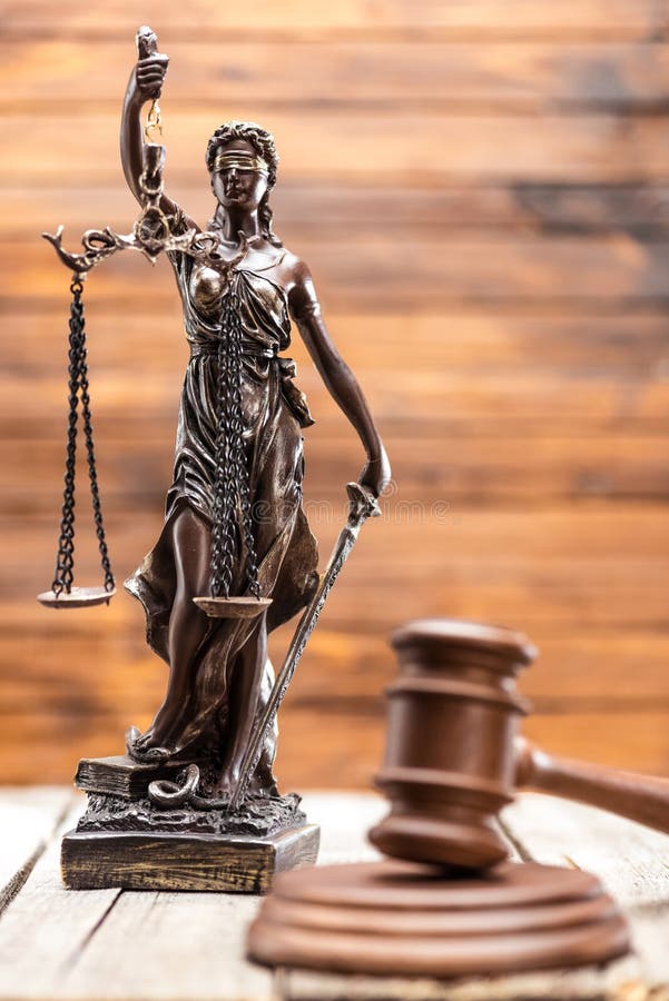 Statue of Lady Justice and Mallet on Wooden Table Stock Photo - Image ...