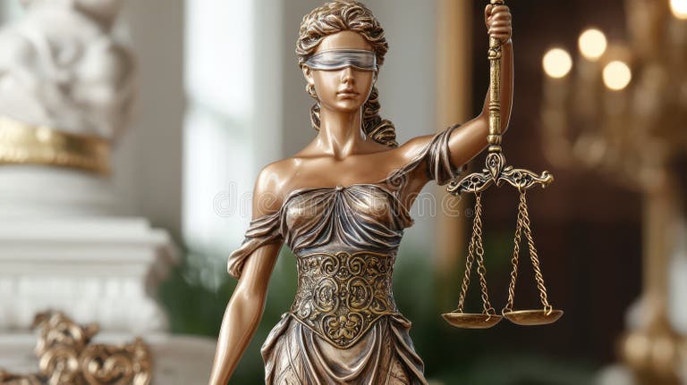 Statue of Lady Justice with Scales Reflected in a Mirror. Stock Image ...
