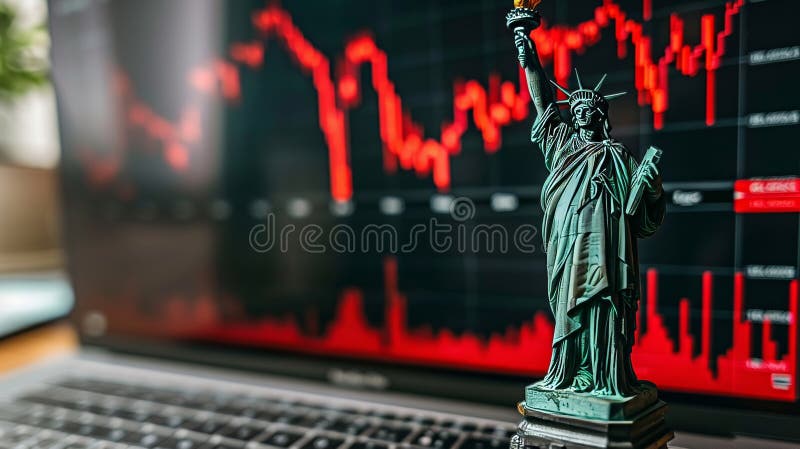 Statue of Liberty Figurine and Decline Graph on Laptop Screen ...