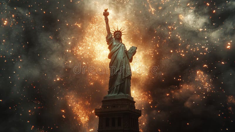 Statue of Liberty Illuminated by Sparks and Smoke Effects Stock ...