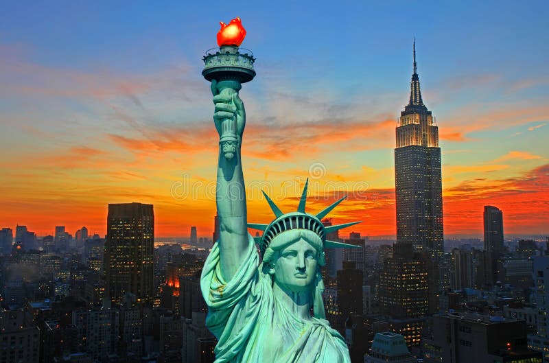 The Statue of Liberty and New York City Skyline Stock Photo - Image of ...