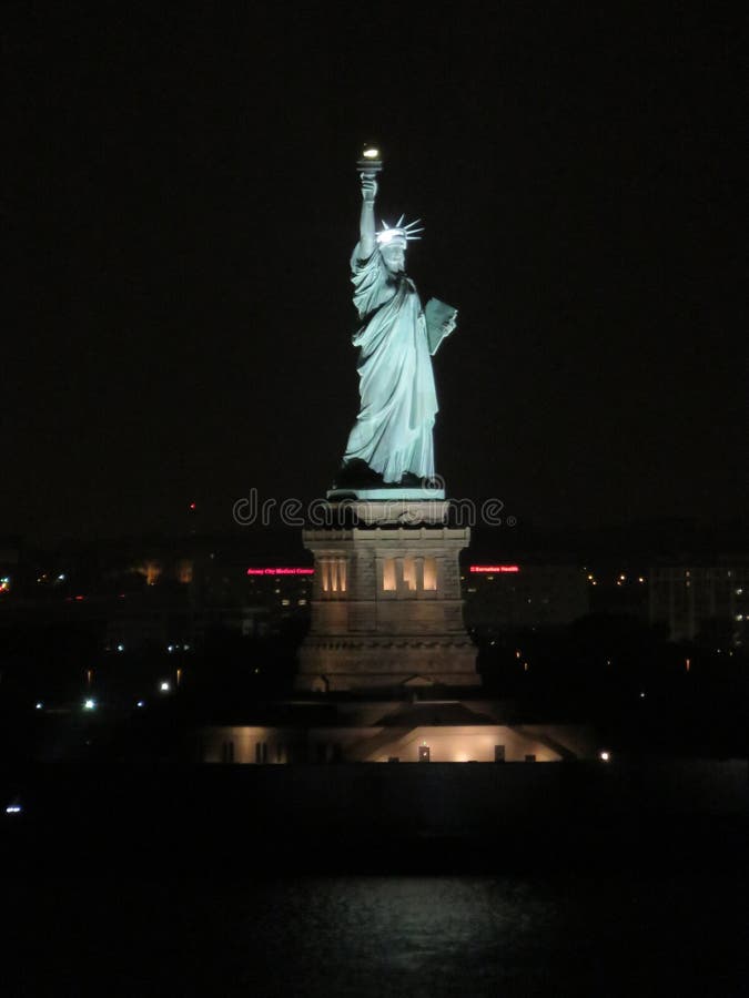 Statue of Liberty at night editorial stock image. Image of light ...