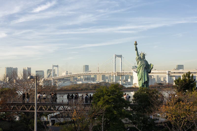 Statue of Liberty and Rainbow Bridge, Tokyo, Japan Stock Image - Image ...